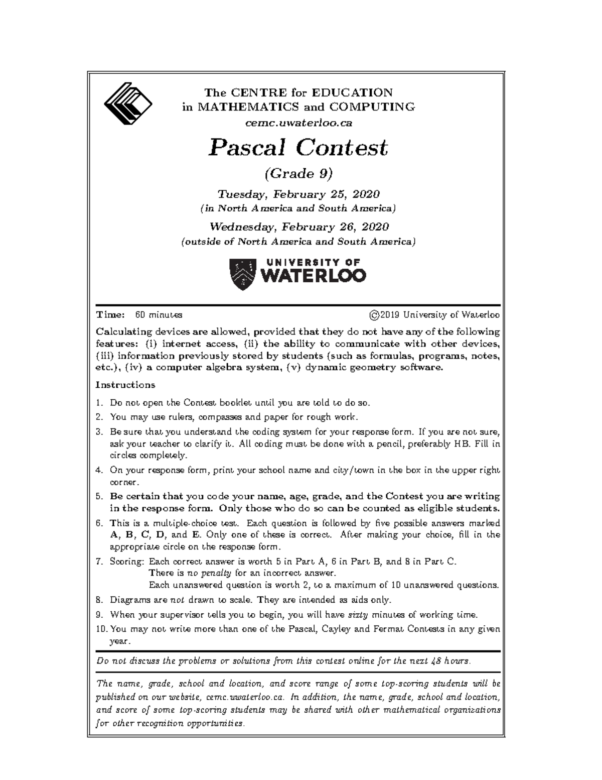 2020 Pascal Contest - The CENTRE for EDUCATION in MATHEMATICS and ...