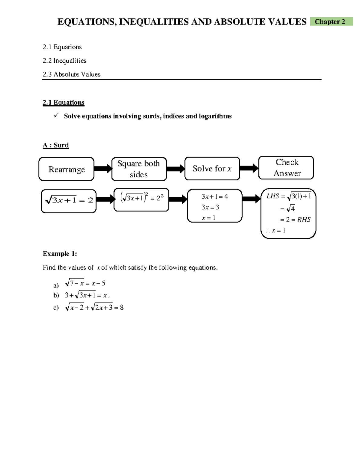 Chapter 2 Equations, Inequalities Absolute Values - 2 Equations 2 ...