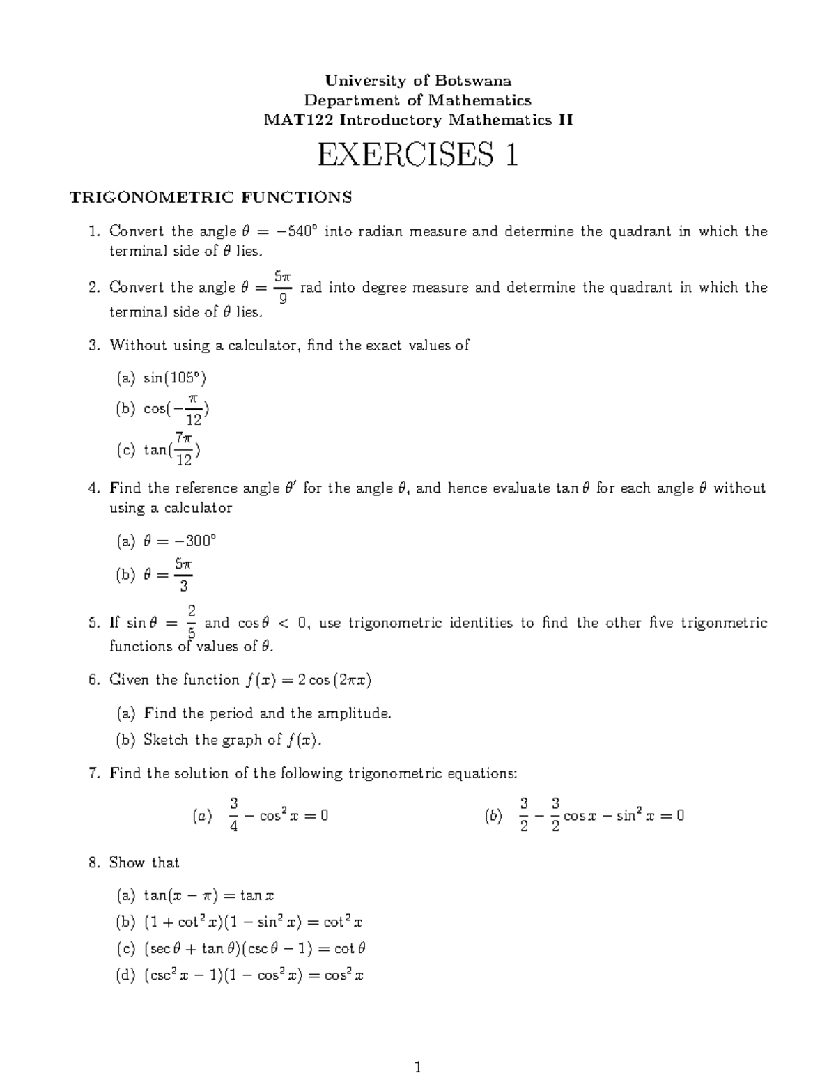 MAT122 Exercises 1 - Use this for practice on limits - University of ...