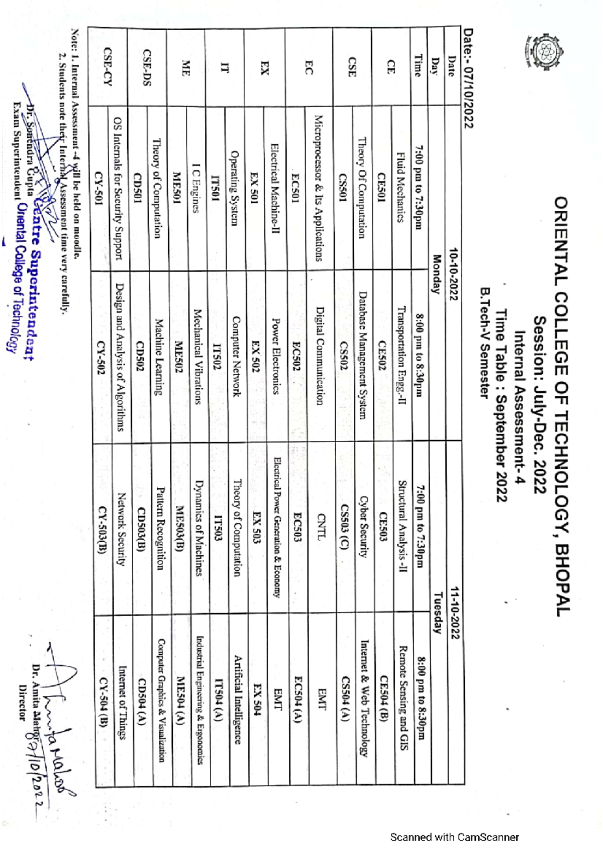 5th semester Internal Assessment-4 Time Table - computer science - Studocu