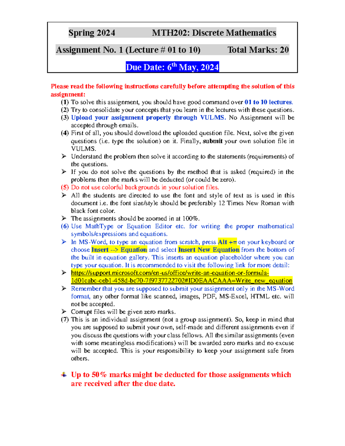 MTH202 or mth 501 or mgt 503 - Spring 2024 MTH 202 : Discrete Mathematics Assignment No. - Studocu