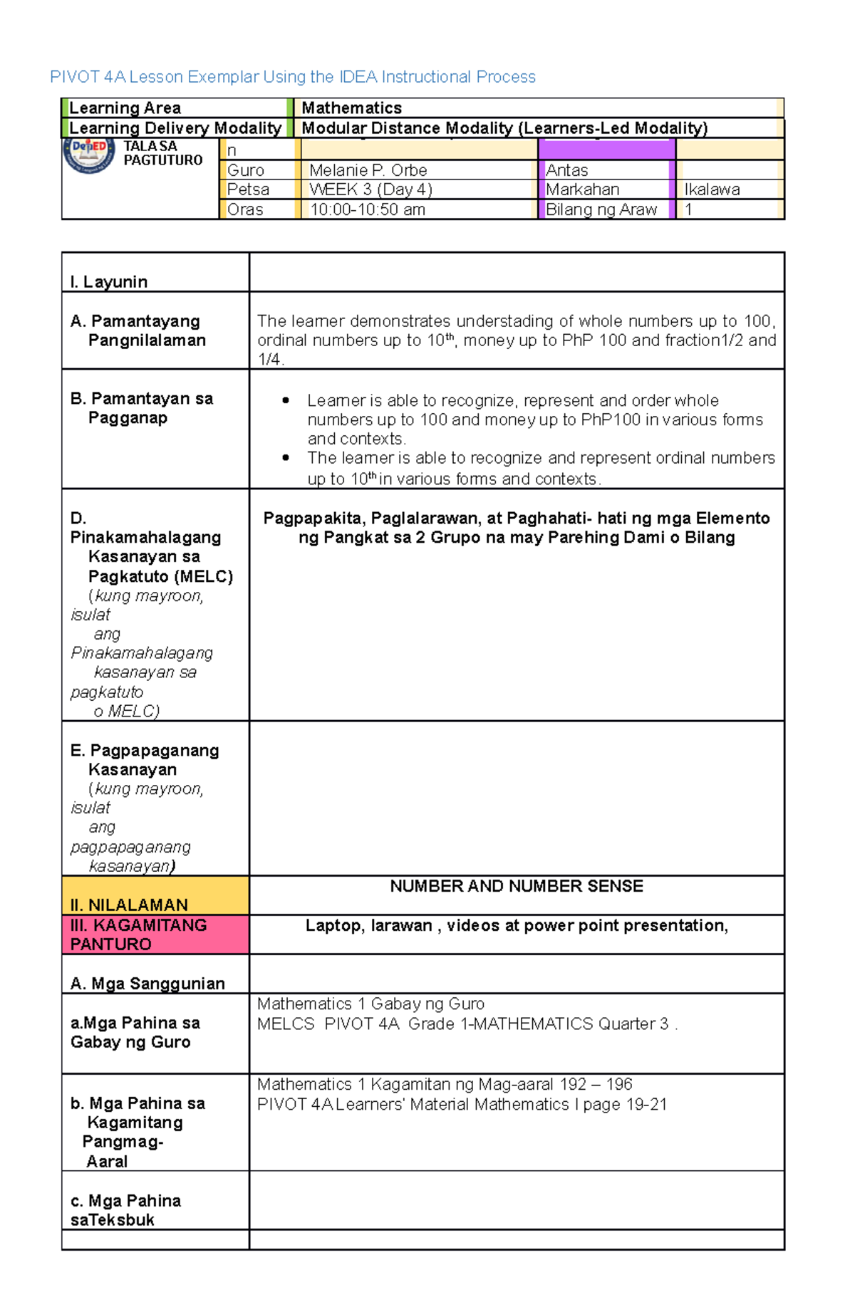 CO1 MATH1 2021 ORBE - Sample lesson plan in mathematics - PIVOT 4A ...