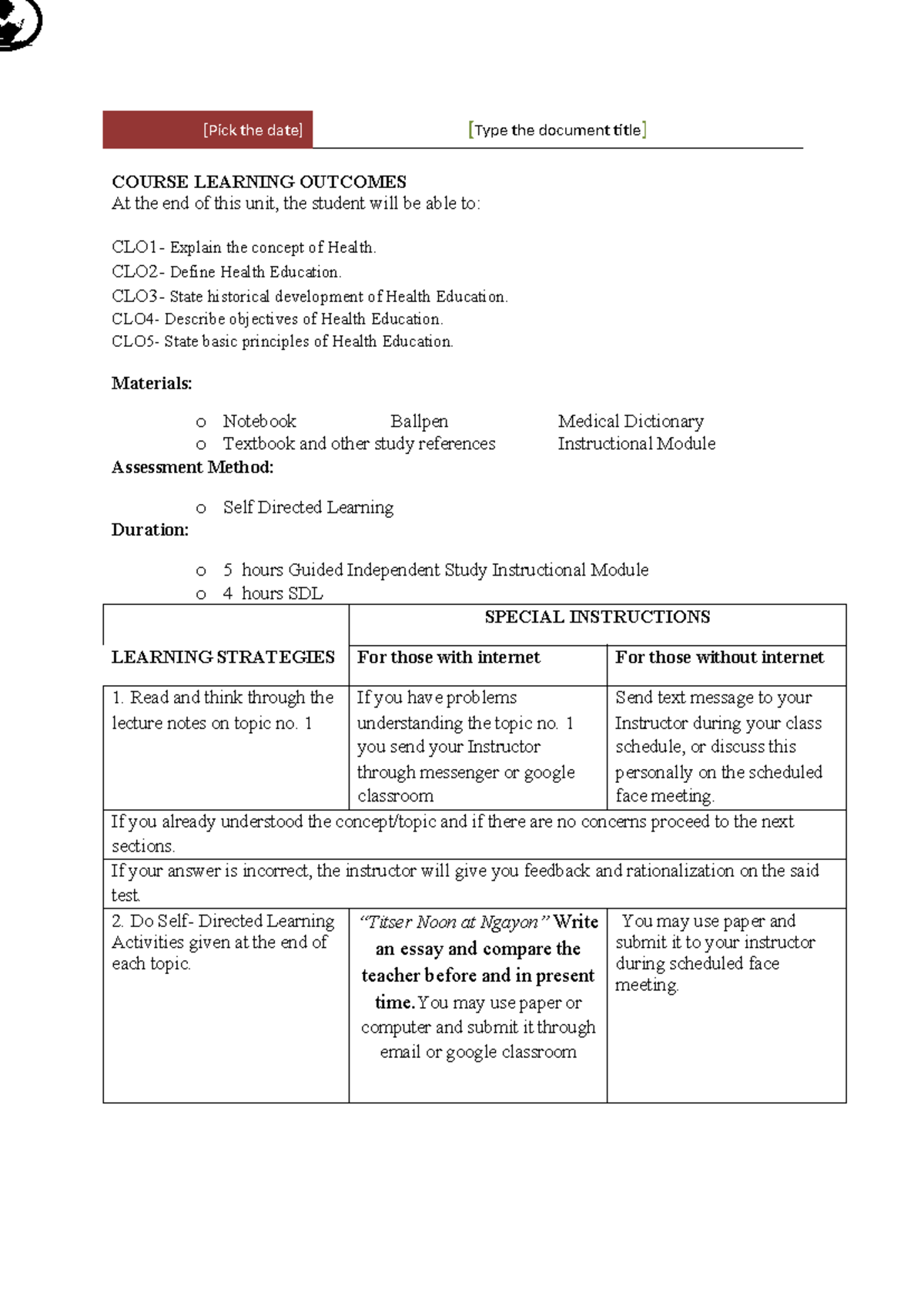 Health ed - Sample - [Pick the date] [Type the document title] COURSE ...