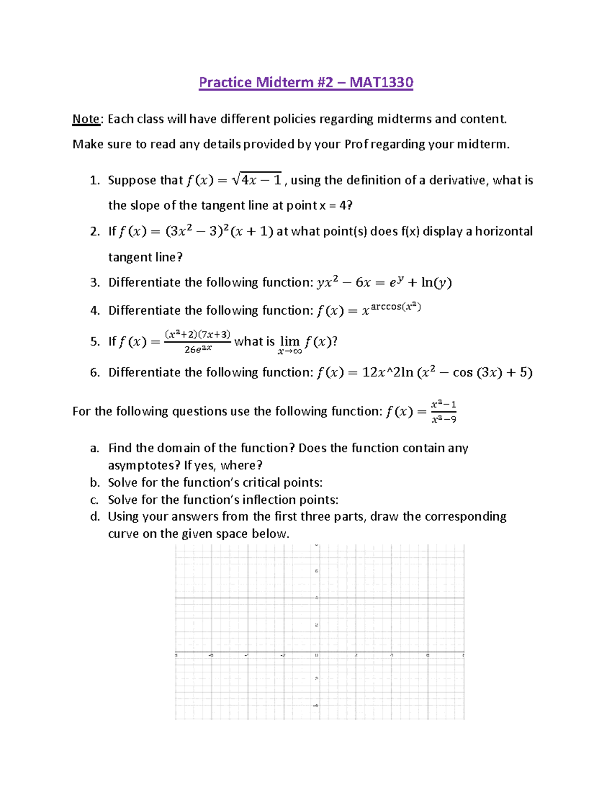 MAT1330 Study Group 7 - Practice Midterm #2 – MAT Note: Each class will ...