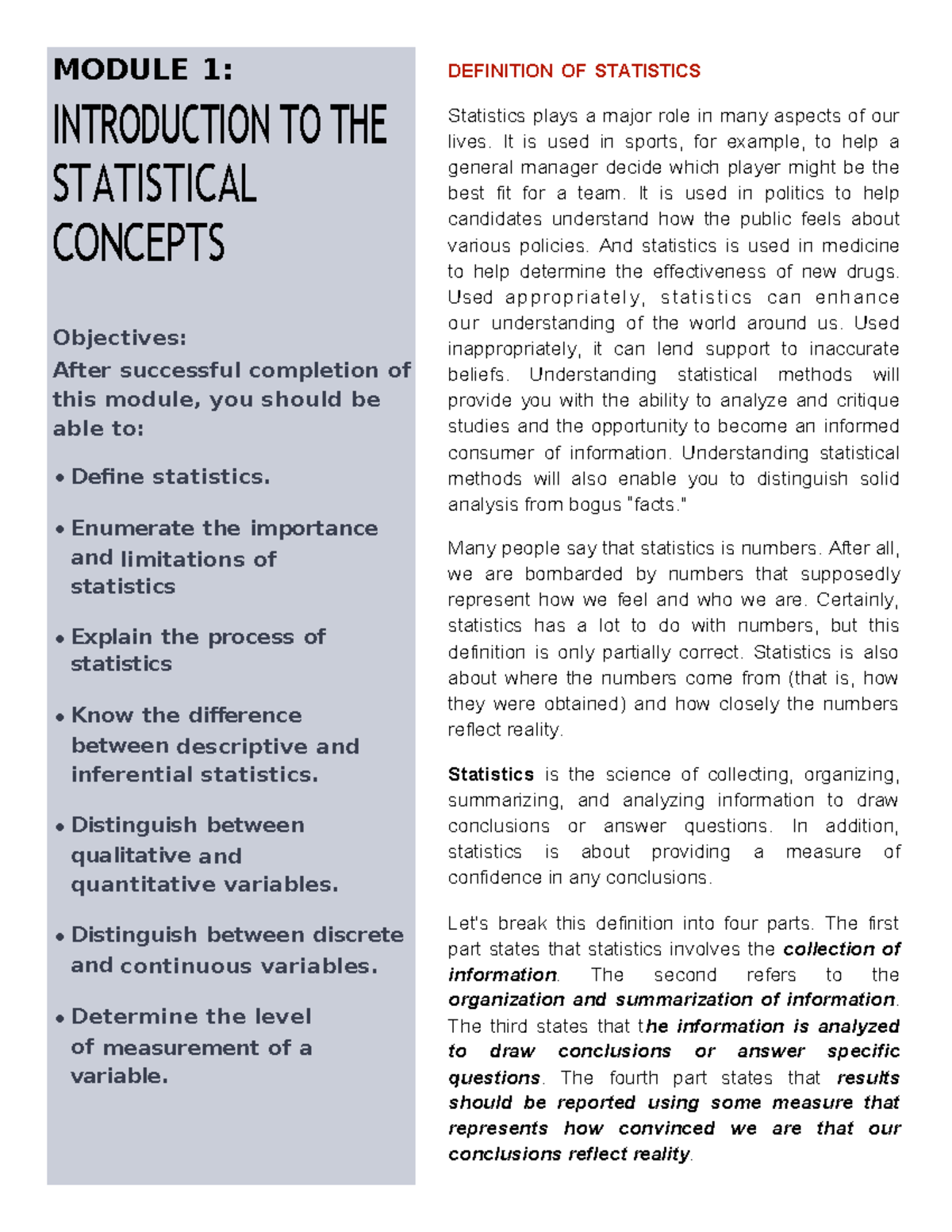 Statistical Analysis WITH Software Application - MODULE 1: INTRODUCTION ...