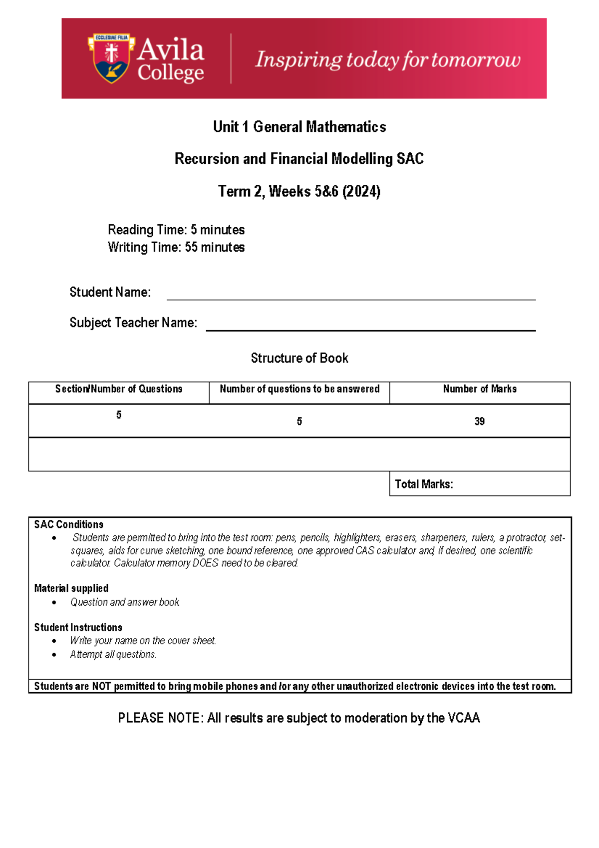 2024 Yr 11 Recursion and Finacial Modelling SAC-Final - Unit 1 General Mathematics Recursion and ...