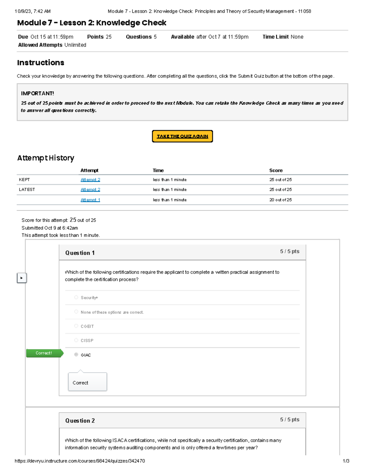Module 7 - Lesson 2 Knowledge Check Principles and Theory of Security ...