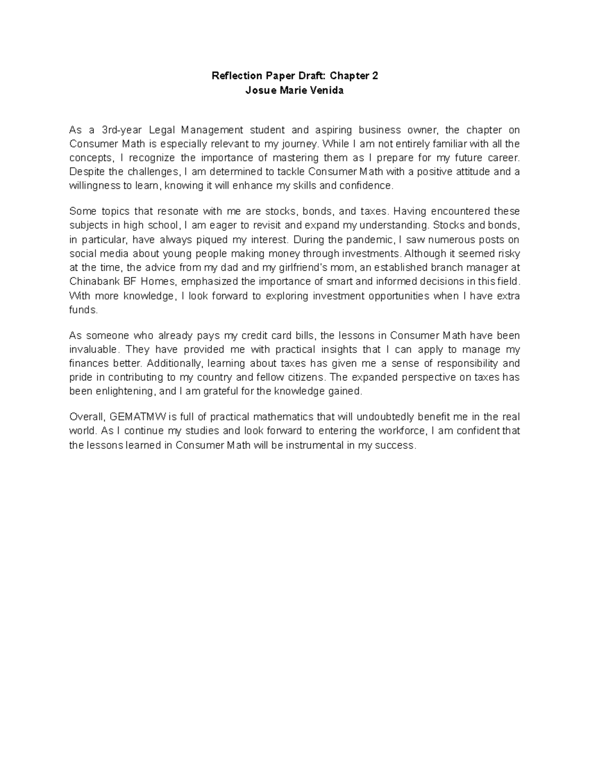 [ Venida] Reflection Paper Draft Chapter 2 - Reflection Paper Draft ...