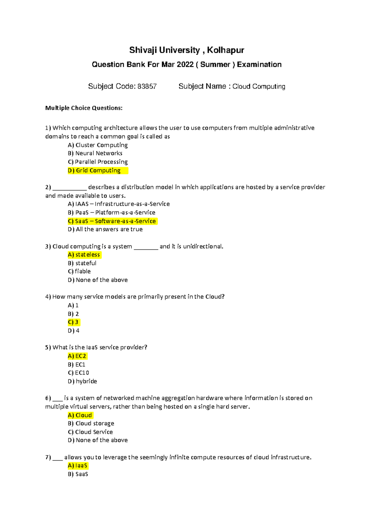 Cloud Computing QB - Shivaji University , Kolhapur Question Bank For Mar 2022 ( Summer ...
