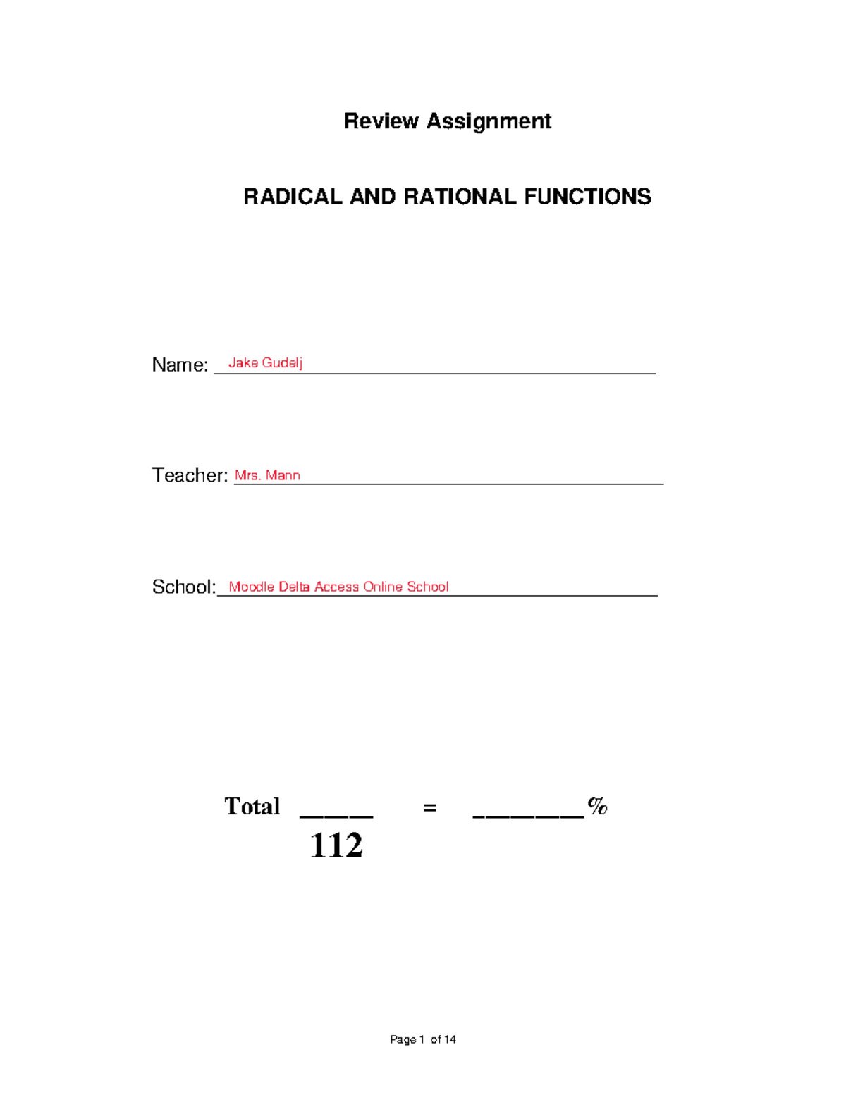 Review Assignment-Radicals and Rational Functions - Review Assignment RADICAL AND RATIONAL ...