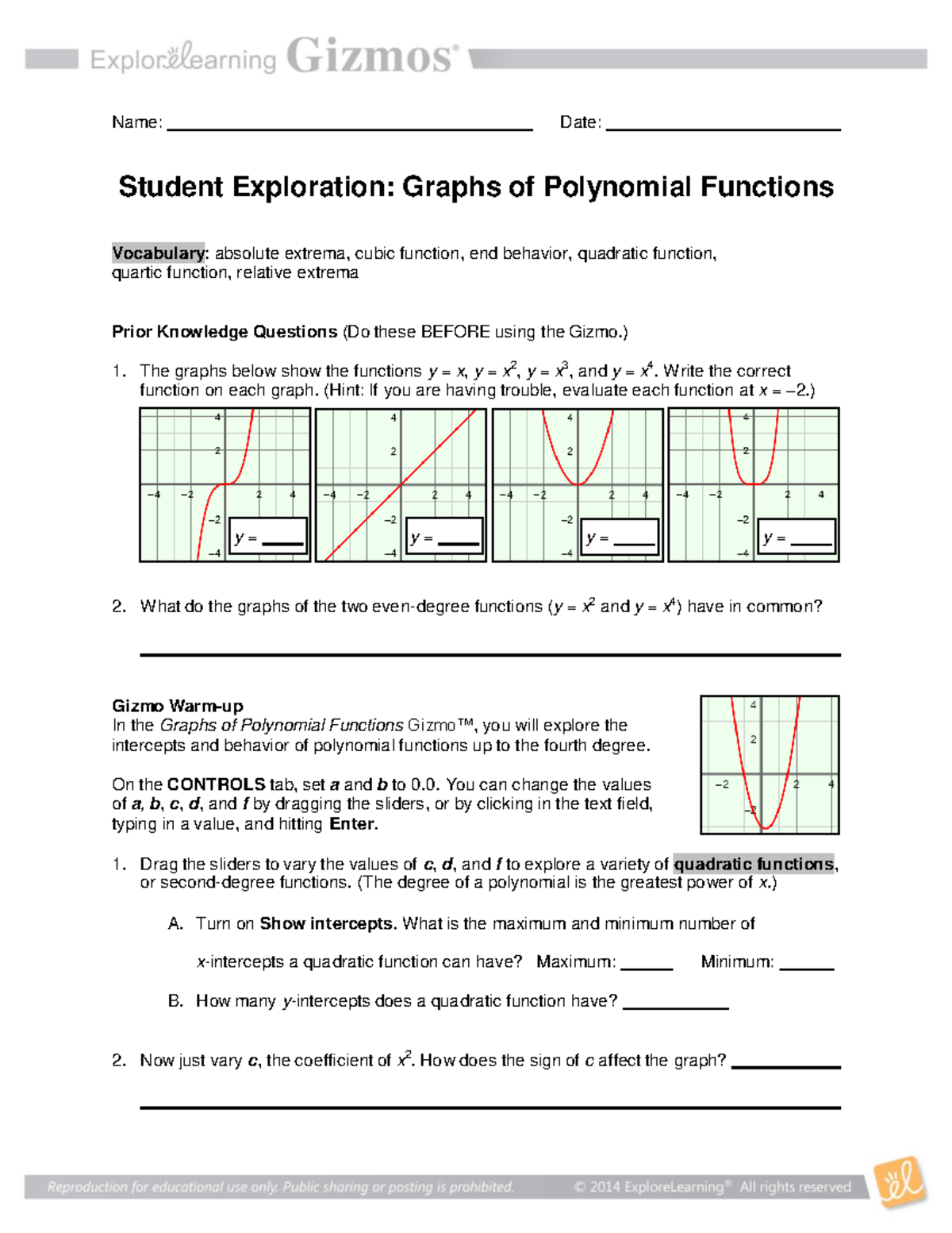 MHF4U-Unit1-Graphs Polynomial Funcs SE - Name: Date: Student Exploration: Graphs of Polynomial ...