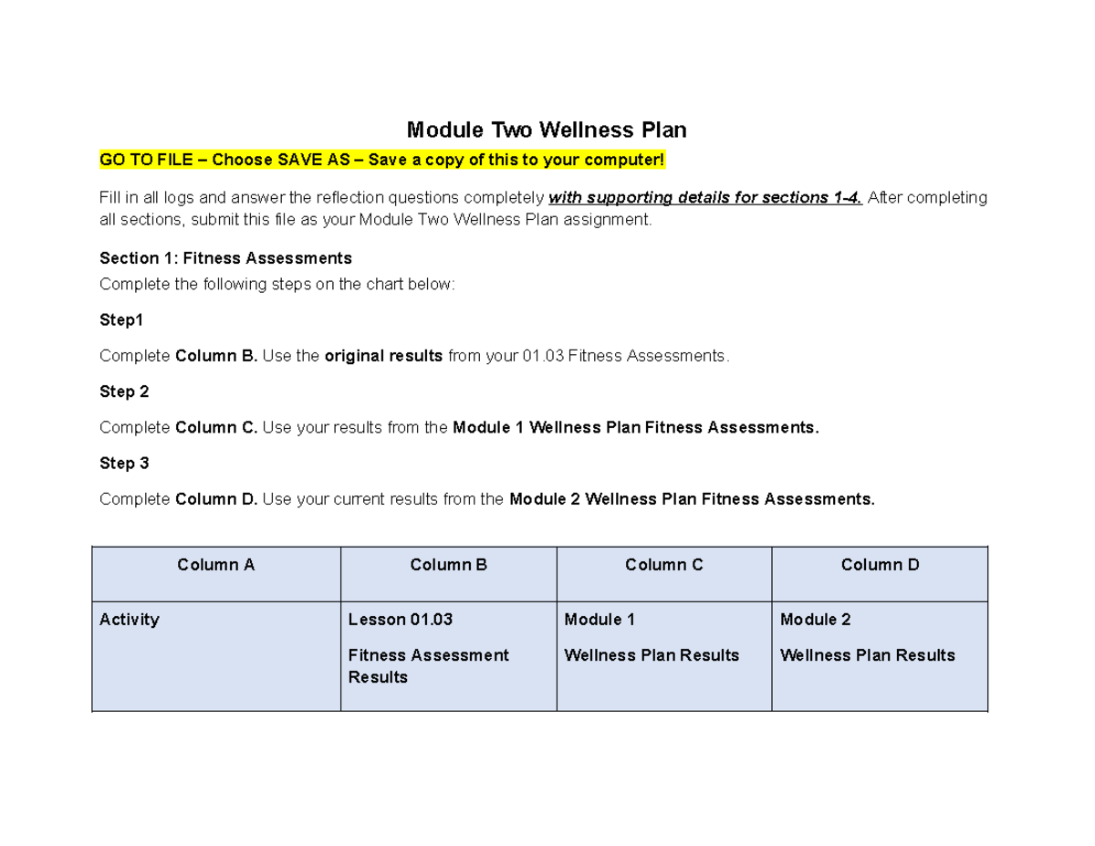 M2 Wellness Plan- FLVS HOPE 2021-2022 - Module Two Wellness Plan GO TO ...