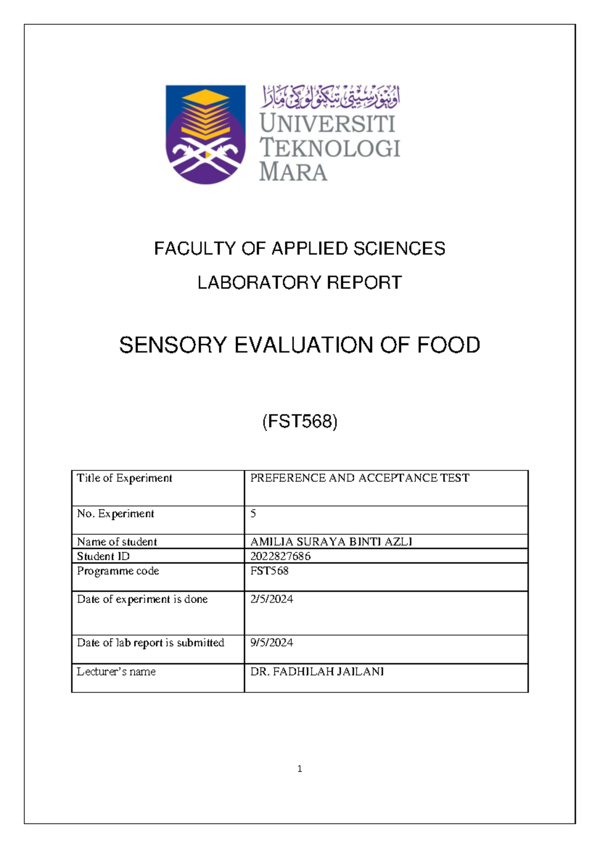 FST568 Affective Test - FACULTY OF APPLIED SCIENCES LABORATORY REPORT ...