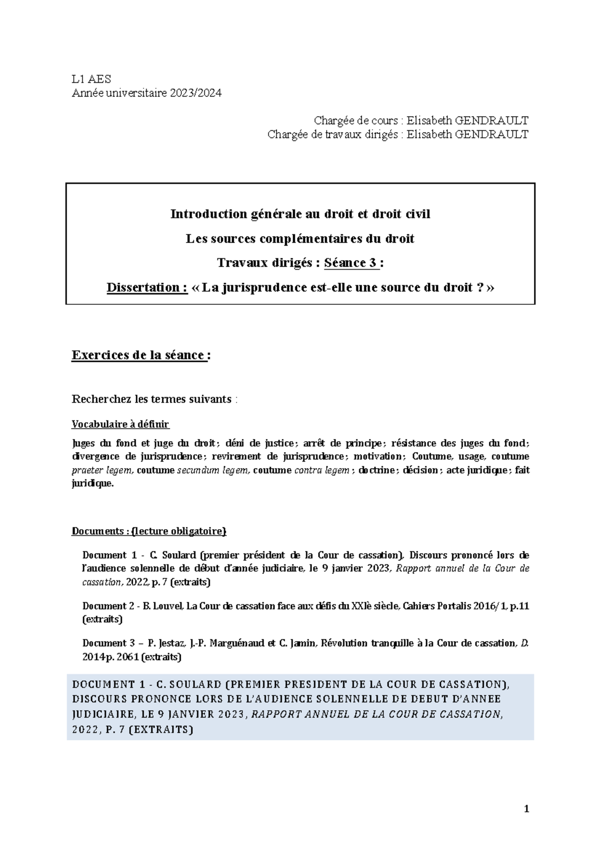 TD N°3 La jurisprudence - L1 AES Année universitaire 2023/ Chargée de cours : Elisabeth ...
