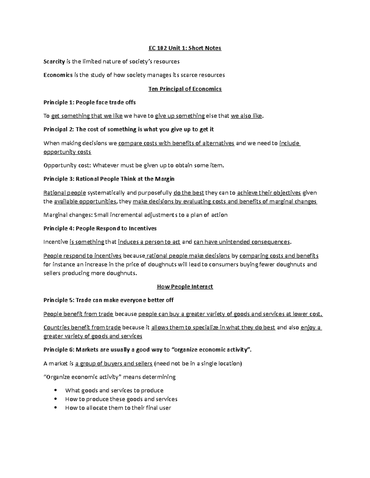 EC 102 short notesdocx - EC 102 Unit 1: Short Notes Scarcity is the ...