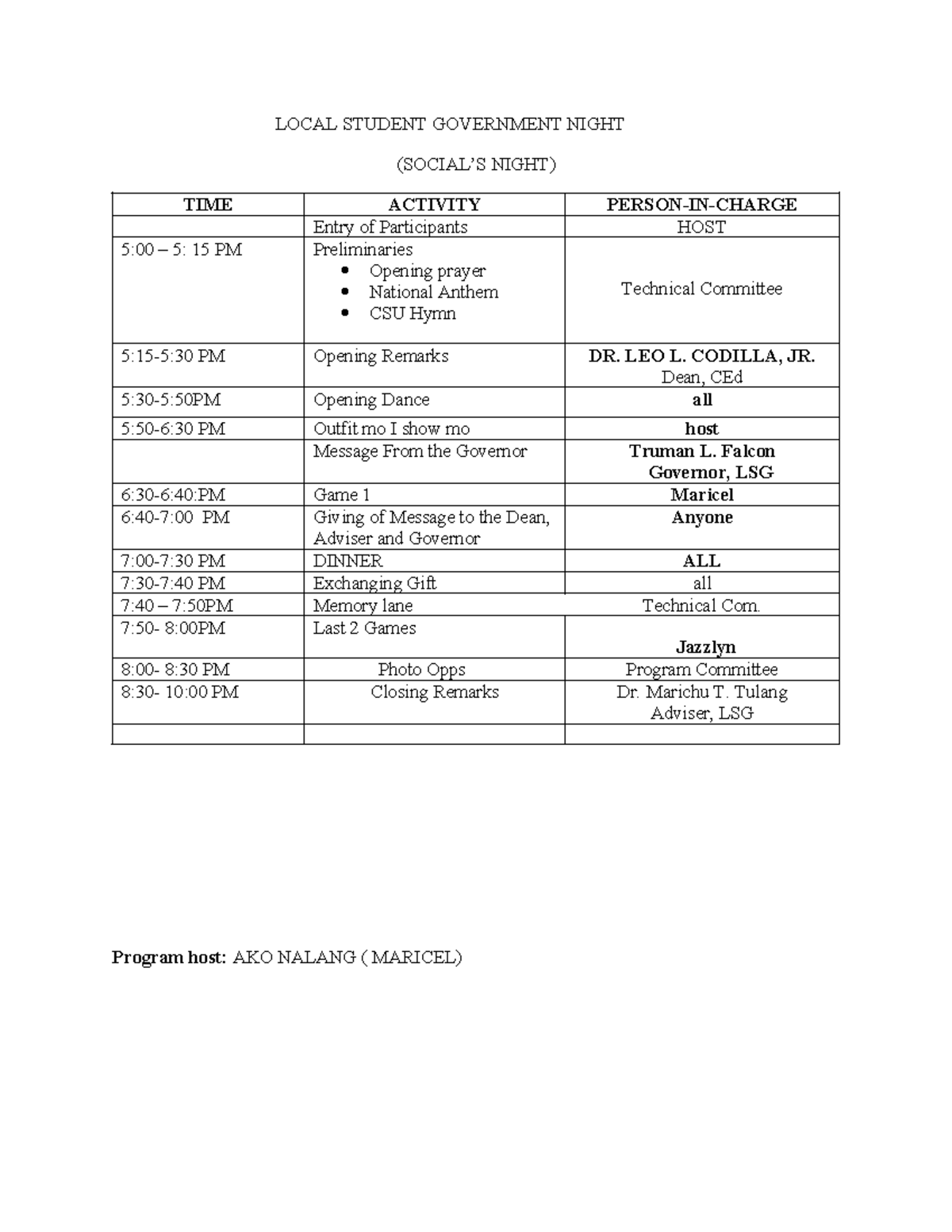 Socials- Night-program-flow - LOCAL STUDENT GOVERNMENT NIGHT (SOCIAL’S ...