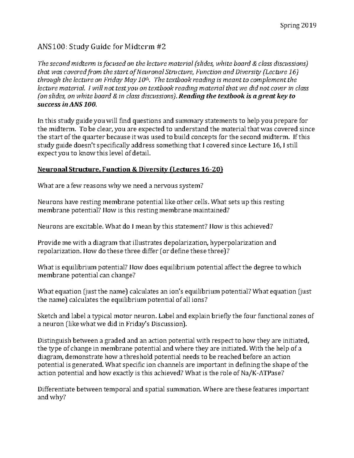 Midterm II - Study Guide Part I - Spring 2 019 ANS100: Study Guide for ...