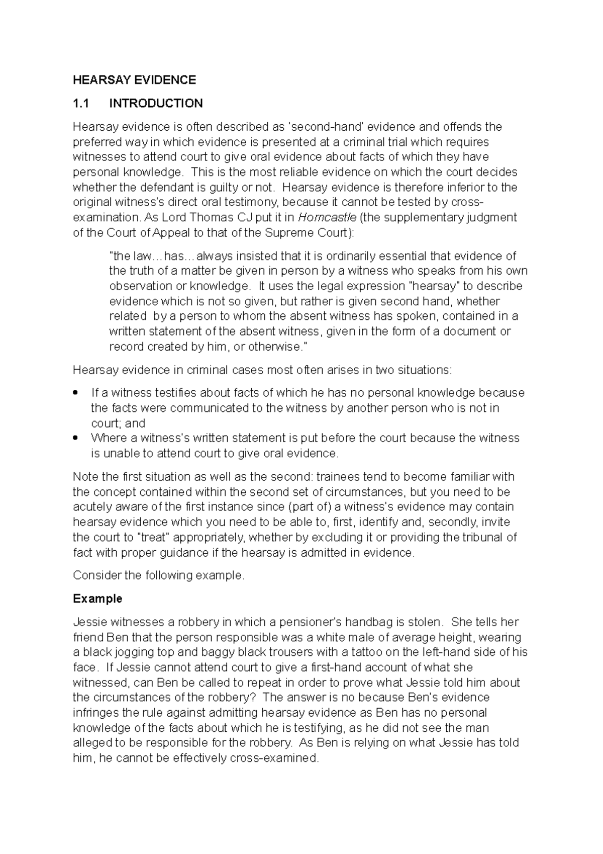 Hearsay Evidence notes - HEARSAY EVIDENCE 1 INTRODUCTION Hearsay ...