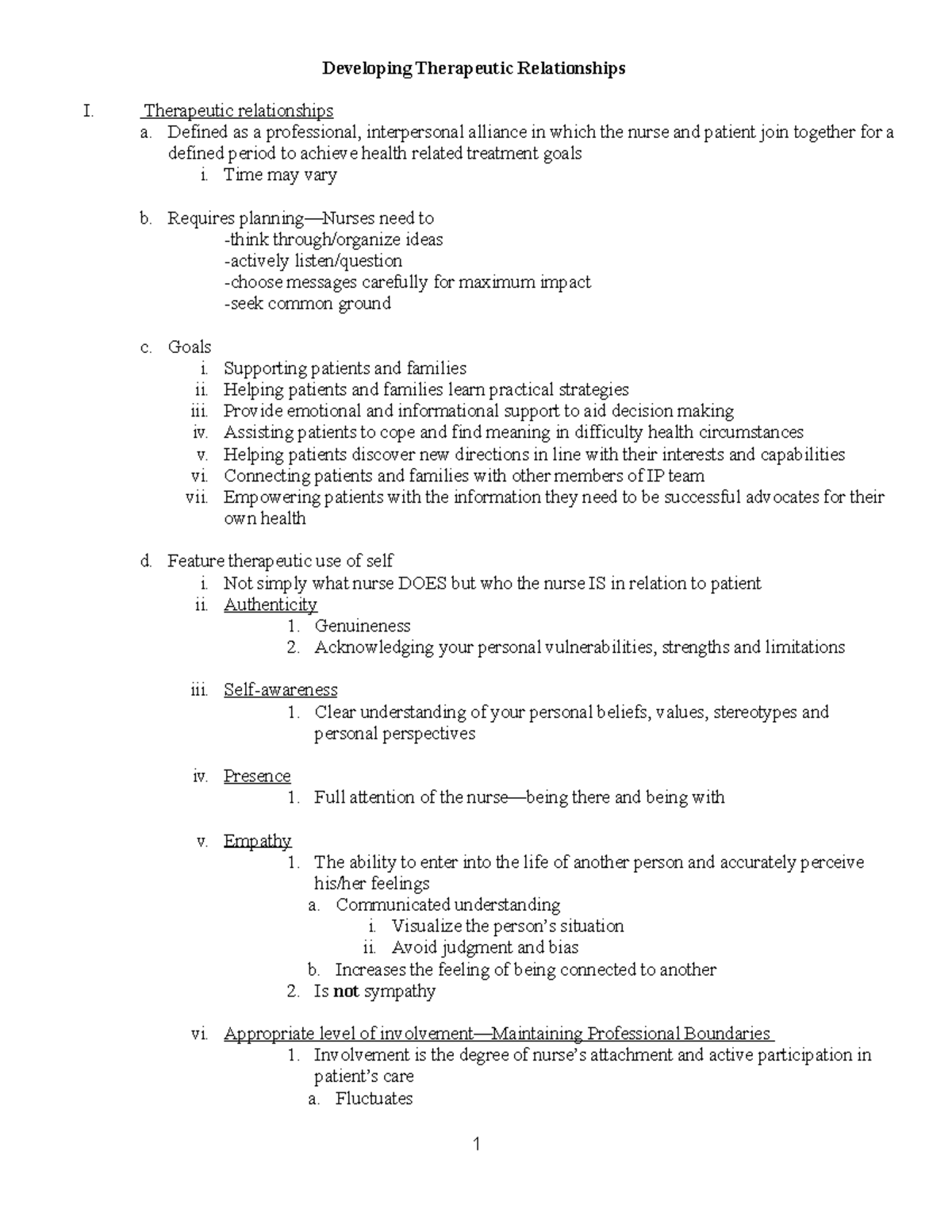 Developing Therapeutic Relationships handout - Developing Therapeutic ...