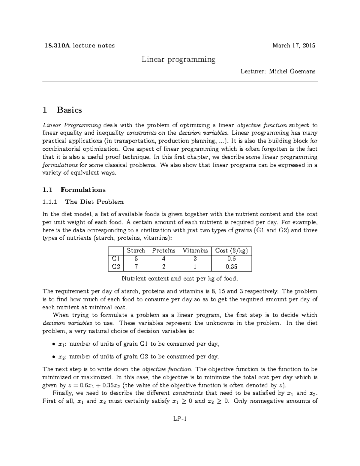 Lpnotes 310 Lecture Notes And Assignment 18 Lecture Notes March 17 2015 Linear Programming 