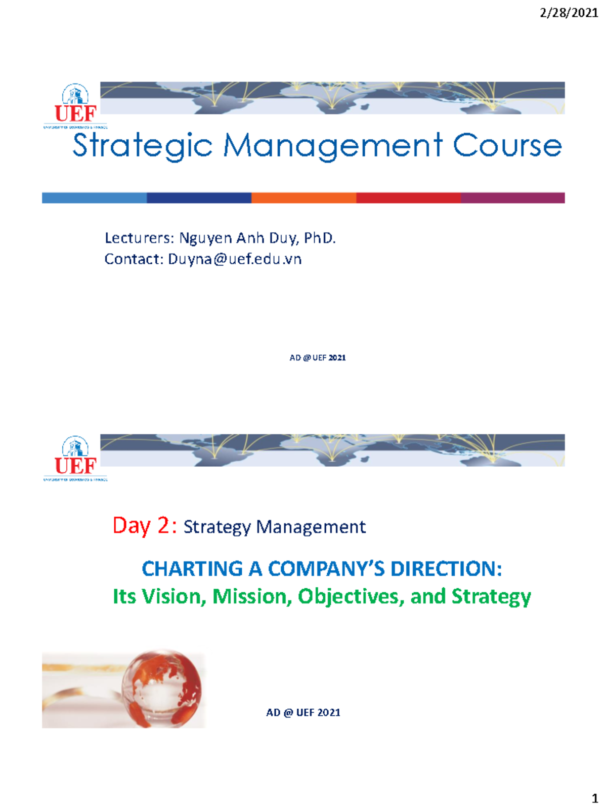 AD UEF SM Course 2021 Day 2 Vision Mission - Strategic Management ...
