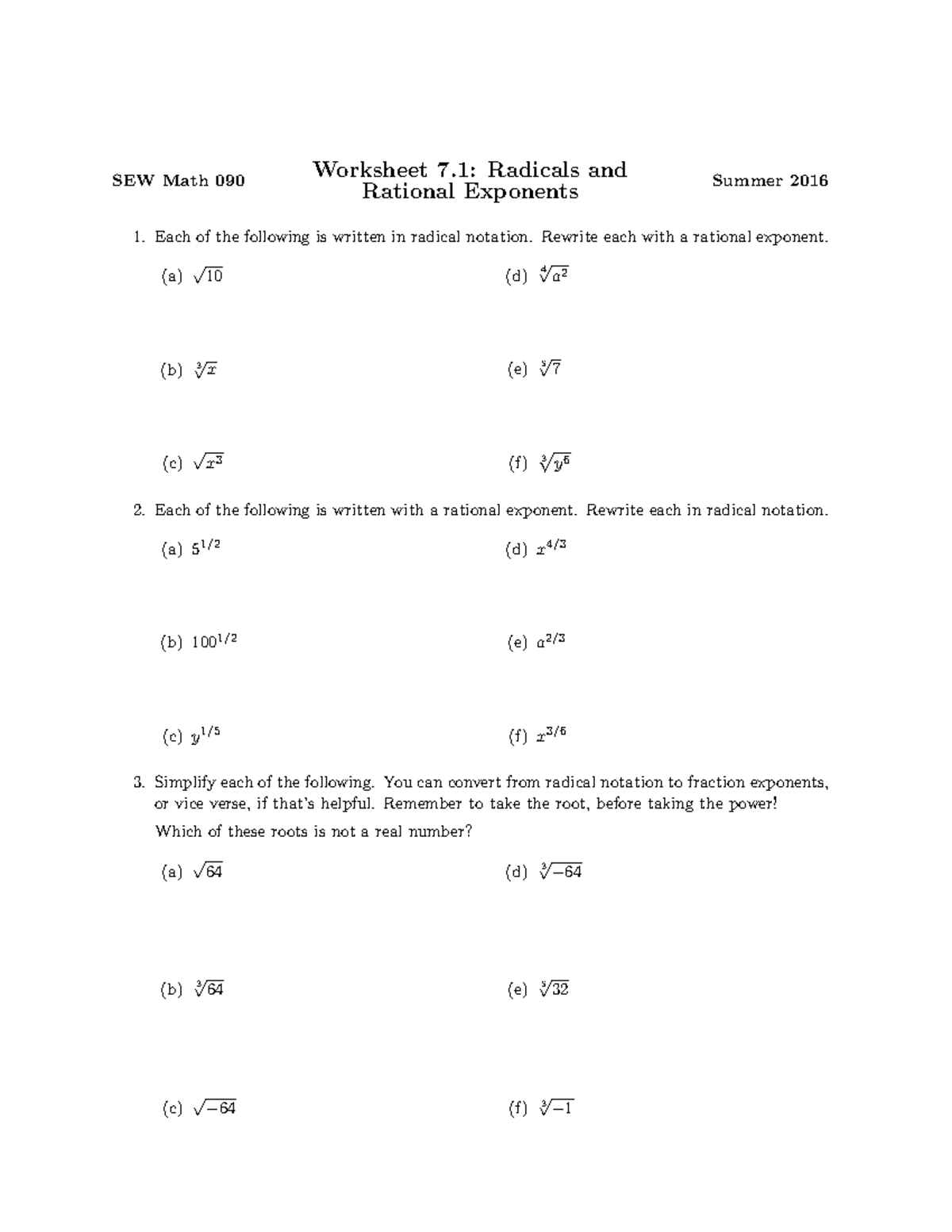 Worksheet 7 - Important notes - SEW Math 090 Worksheet 7: Radicals and ...