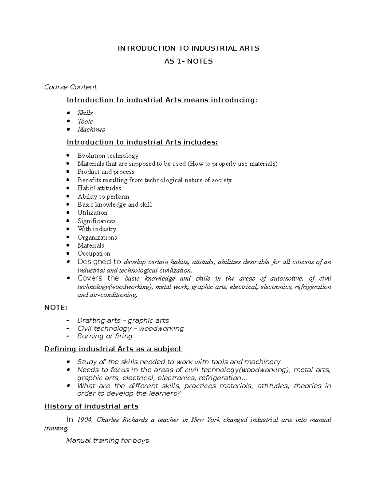 NOTE 1 - note for you - INTRODUCTION TO INDUSTRIAL ARTS AS 1– NOTES ...