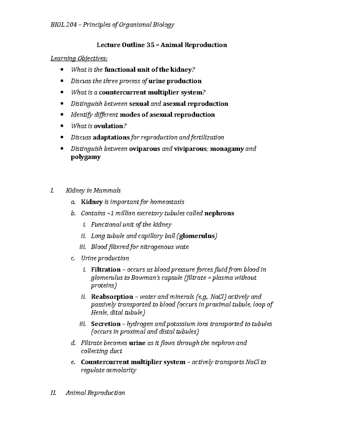BIOL 204 Lecture 35 Outline - Animal Reproduction - BIOL 204 ...