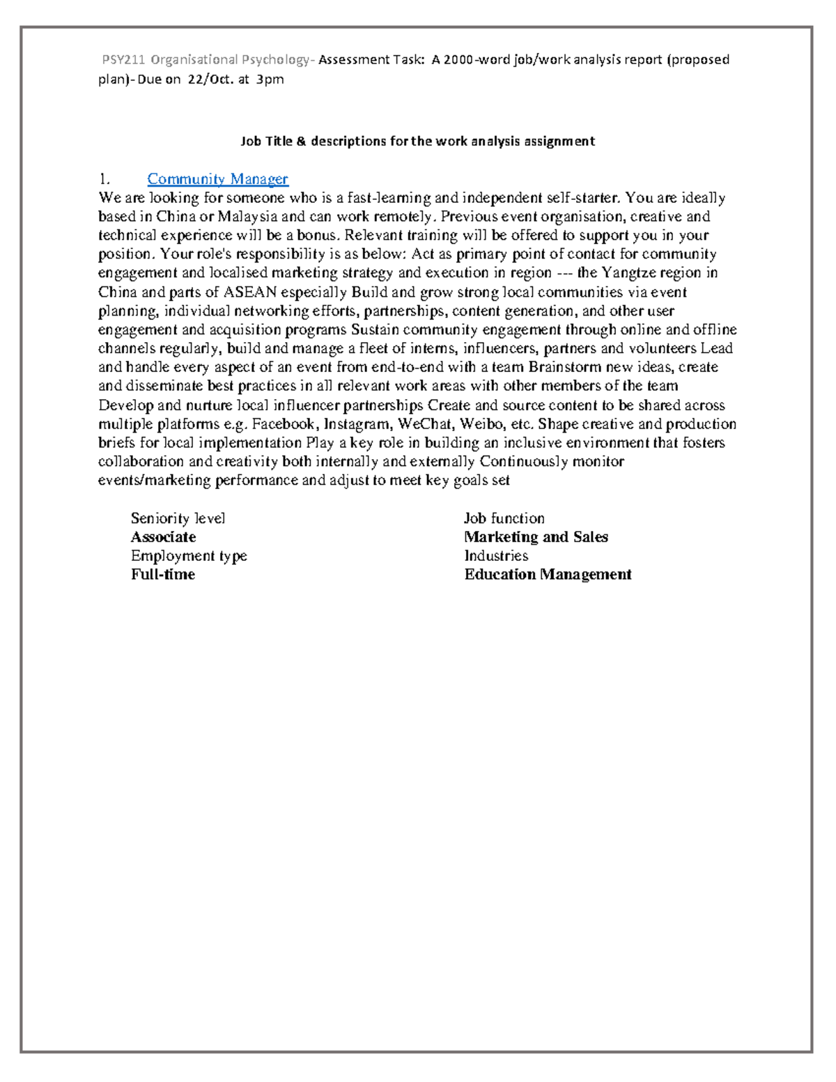 Industrial psy Job titles & descriptions for the work analysis ...