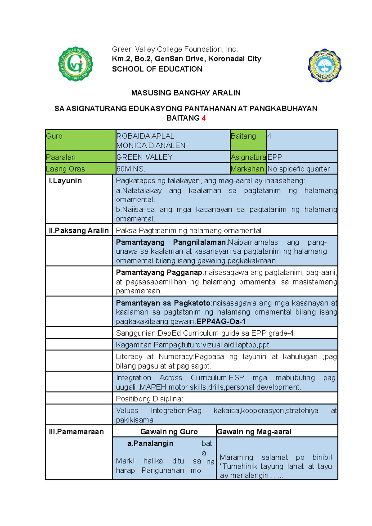 EPP Lesson PLAN Aplal Dianalen - Green Valley College Foundation, Inc ...