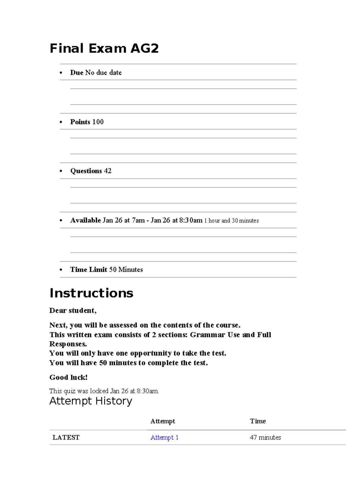 Final Exam AG2 advance 5 - Final Exam AG Due No due date Points 100 Questions 42 Available - Studocu