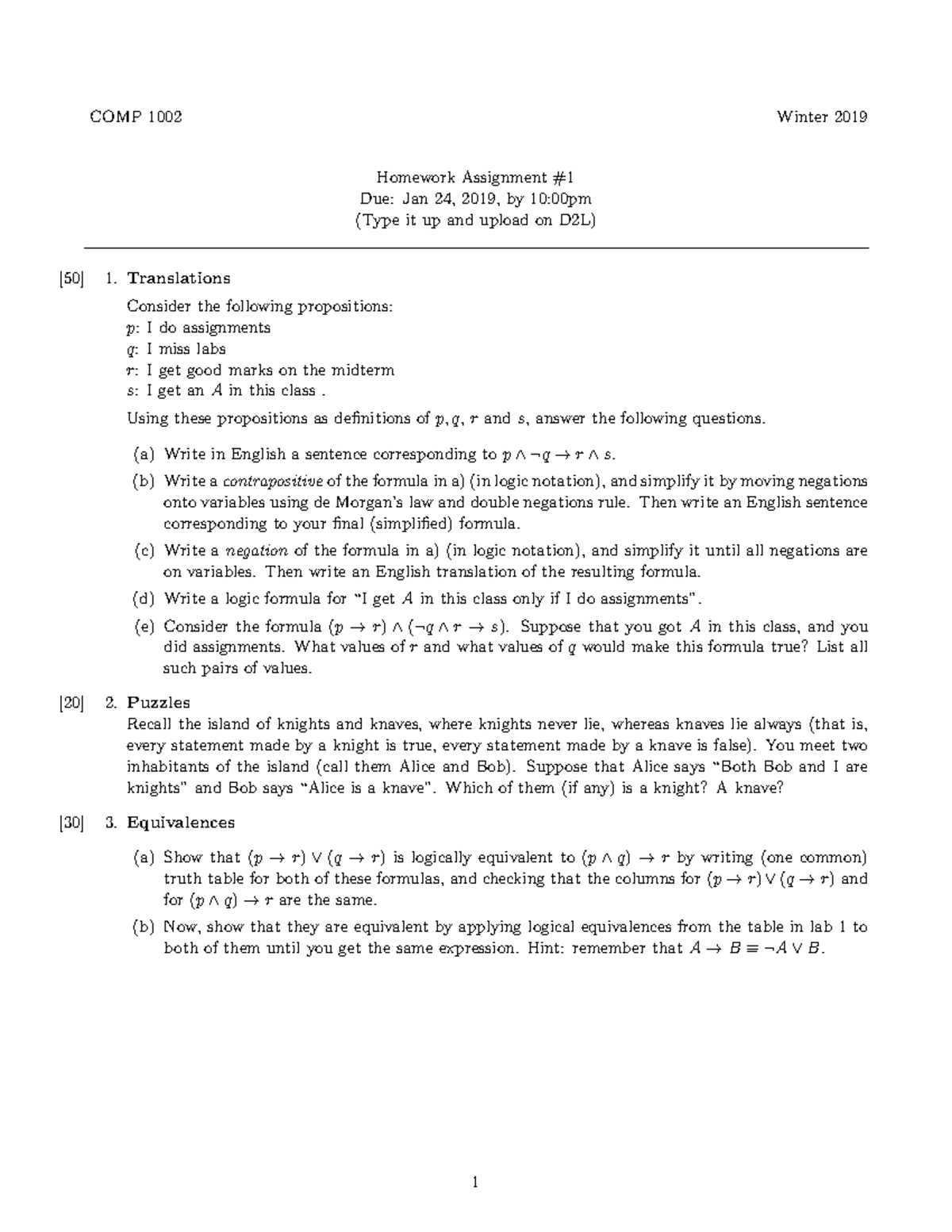 A1 - Dr. Kolokolva, COMP 1002, 2019 - COMP 1002 Winter 2019 Homework Assignment #1 Due: Jan 24 ...