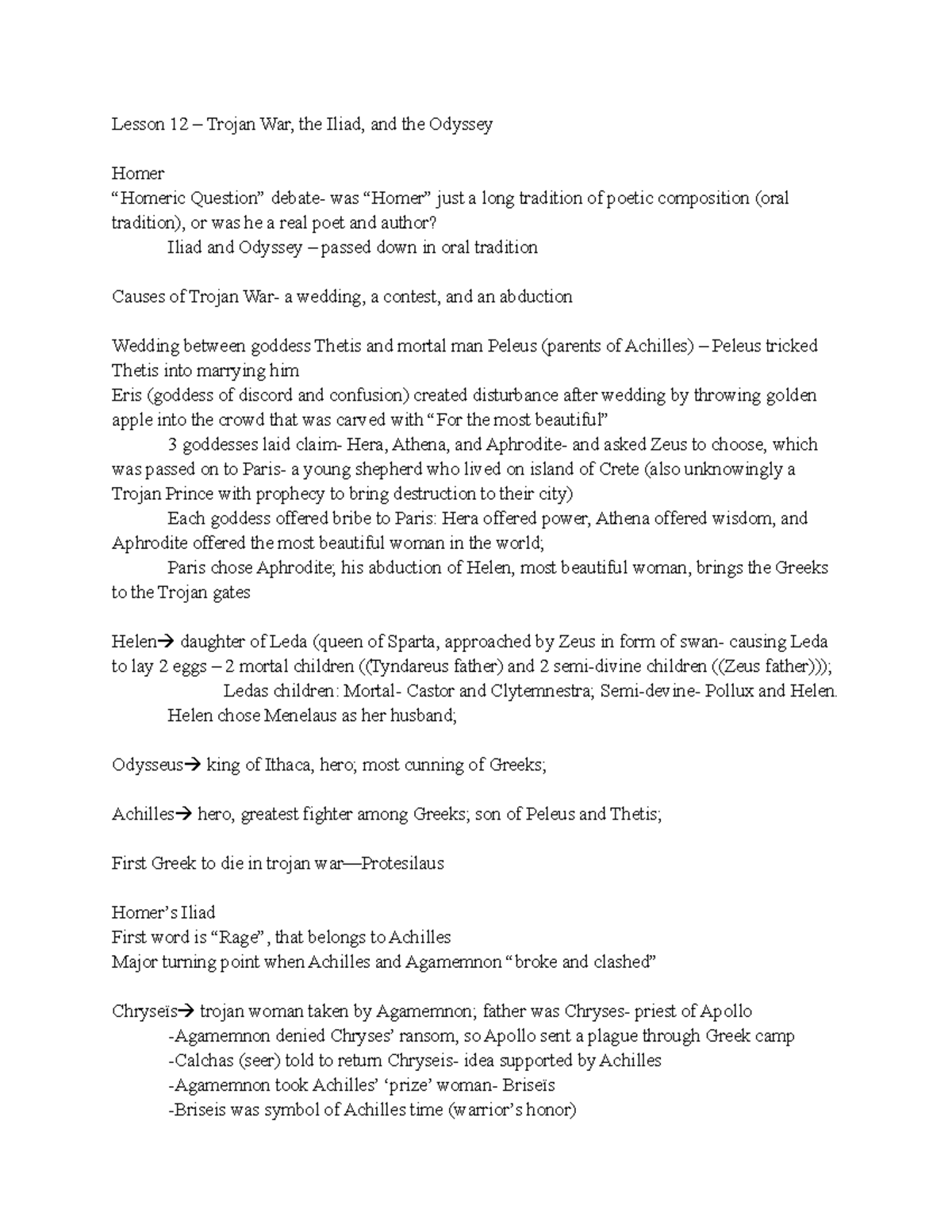 Lesson 12 Notes Trojan War, the Iliad, and the Odyssey - CAMS 045 ...