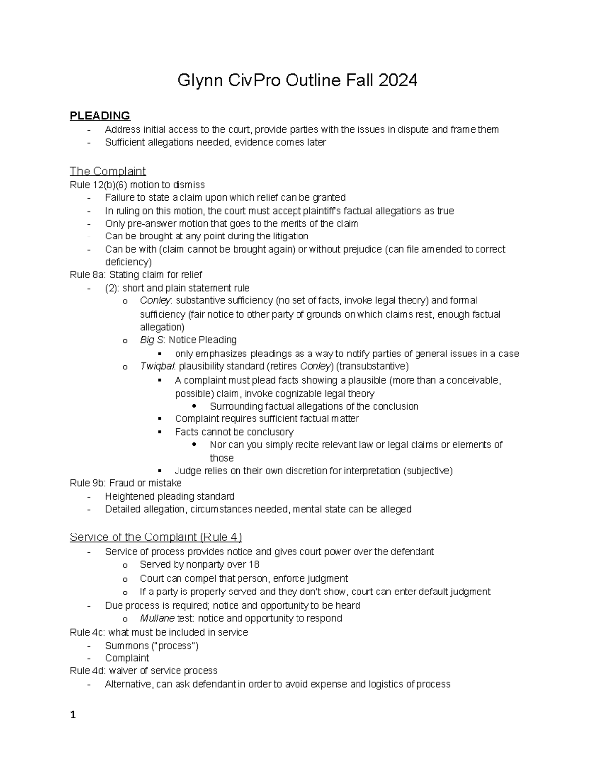 Civ Pro I Outline - Summary Civil Procedure, 5th - CasebookPlus - Glynn ...