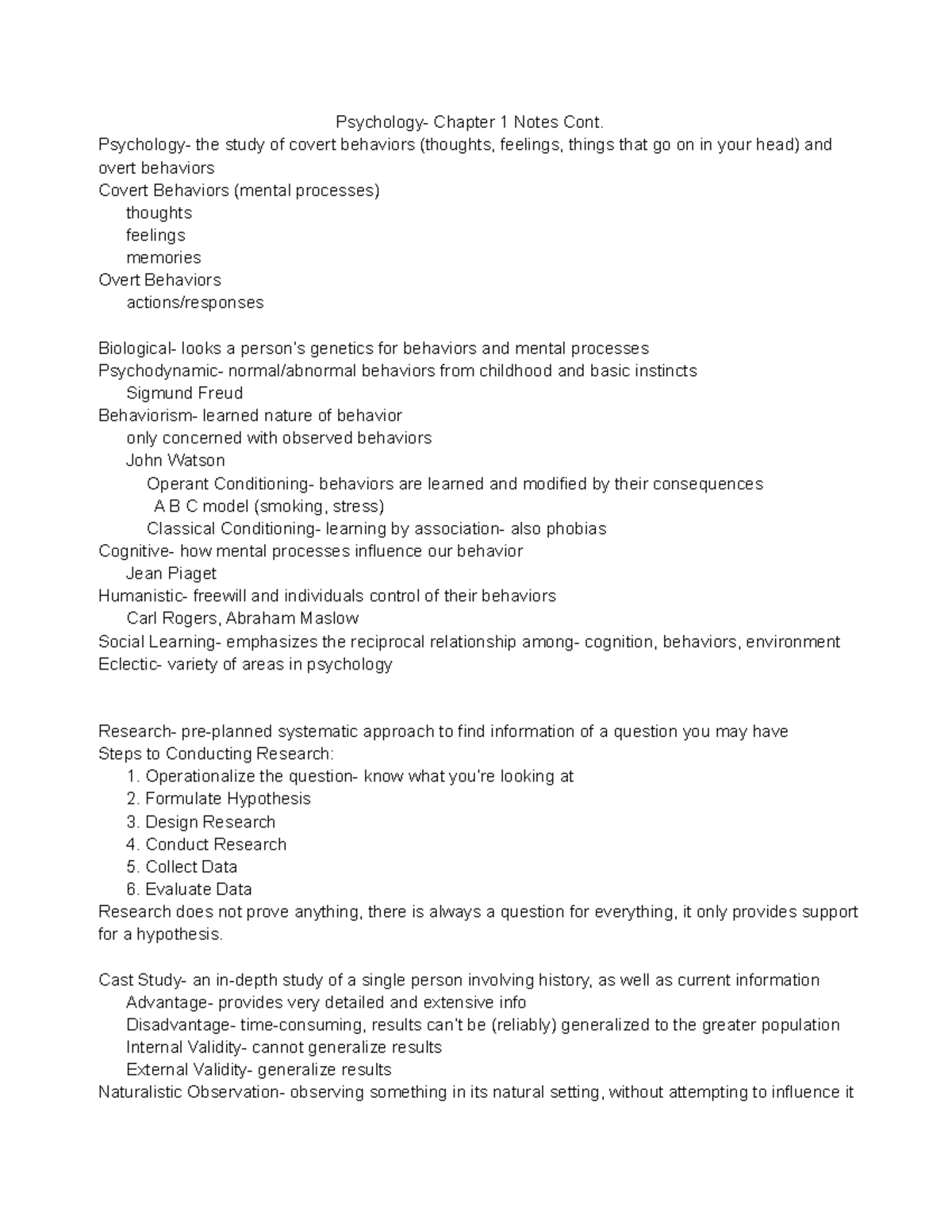 PSY 1000 - My Notes on Chapter 1 - Psychology- Chapter 1 Notes Cont ...