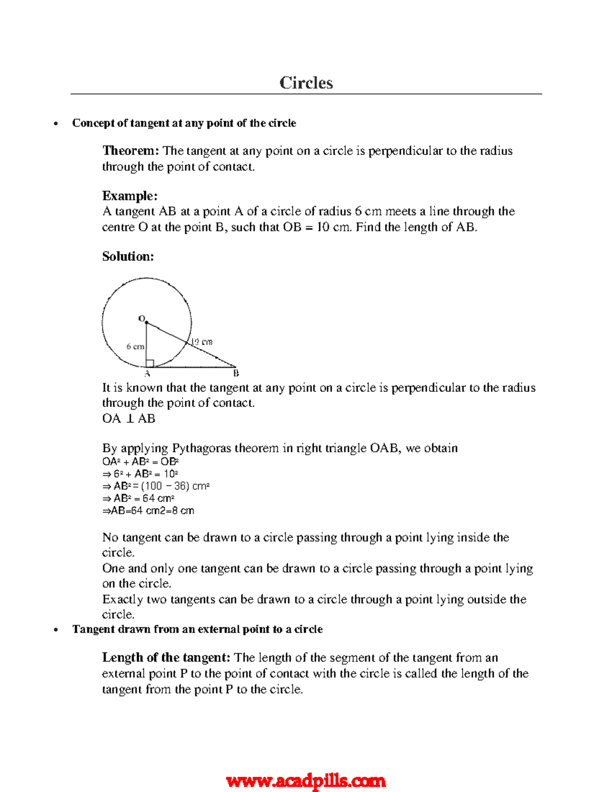 Circles Visit Acadpills - Circles Concept of tangent at any point of ...