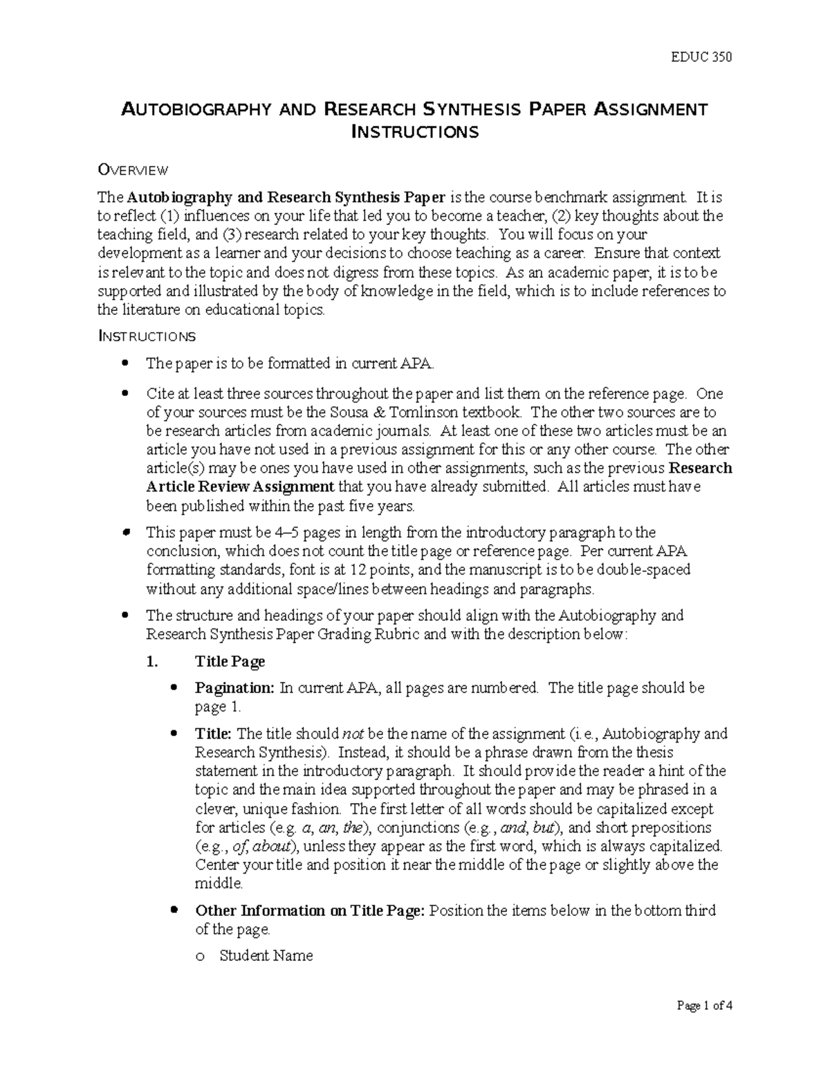 Autobiography and Research Synthesis Paper Assignment Instructions ...