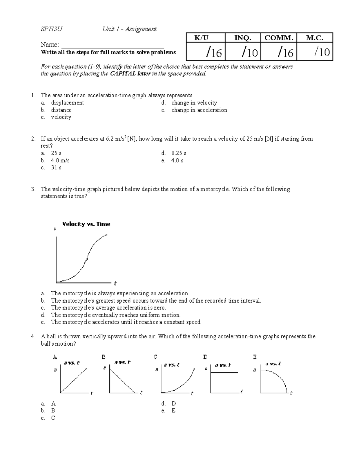UNit 1 Assignemnt - Kinematics - SPH3U Unit 1 - Assignment Name