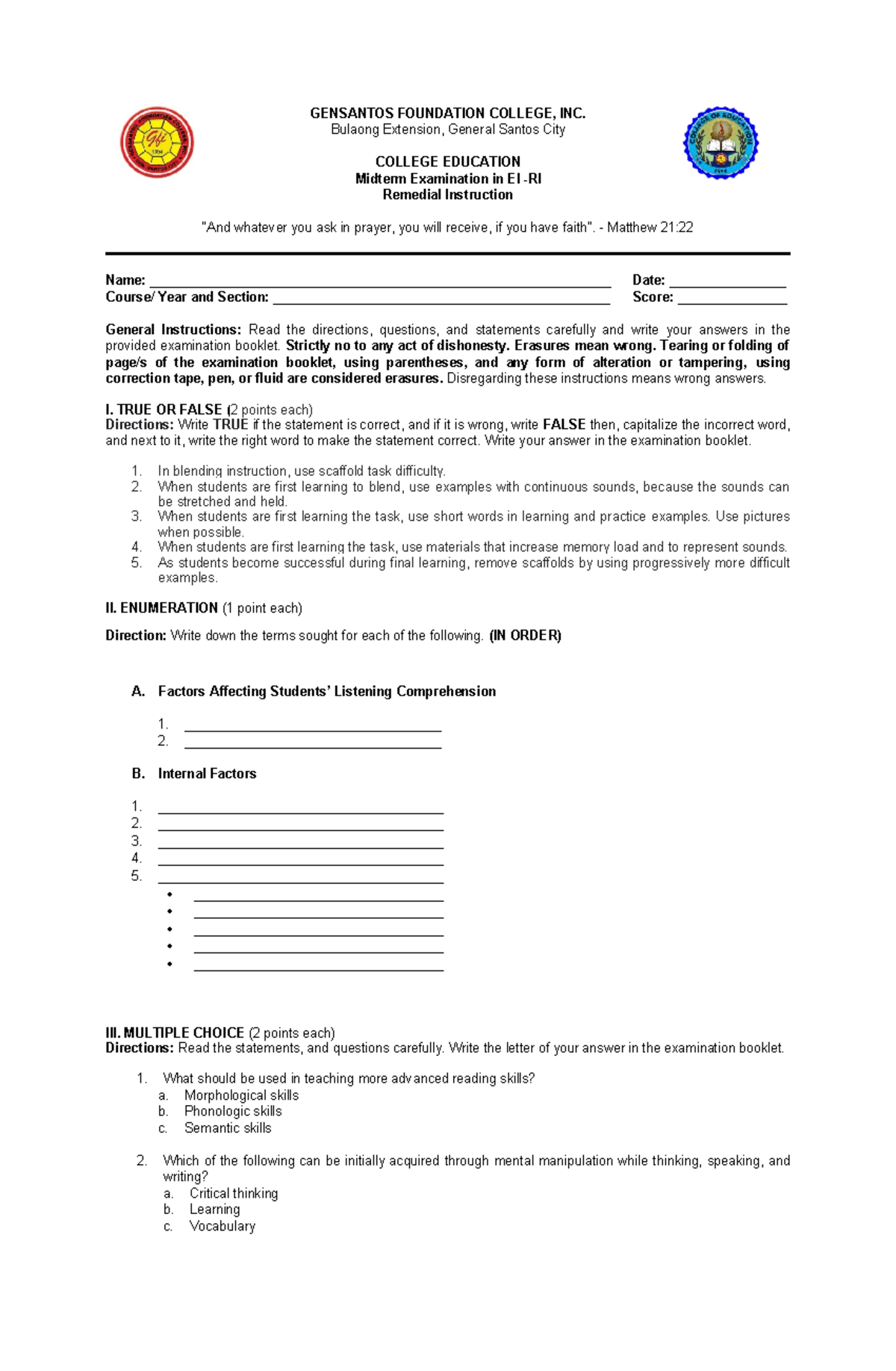 Midterm Examination IN Remedial Instruction - GENSANTOS FOUNDATION ...