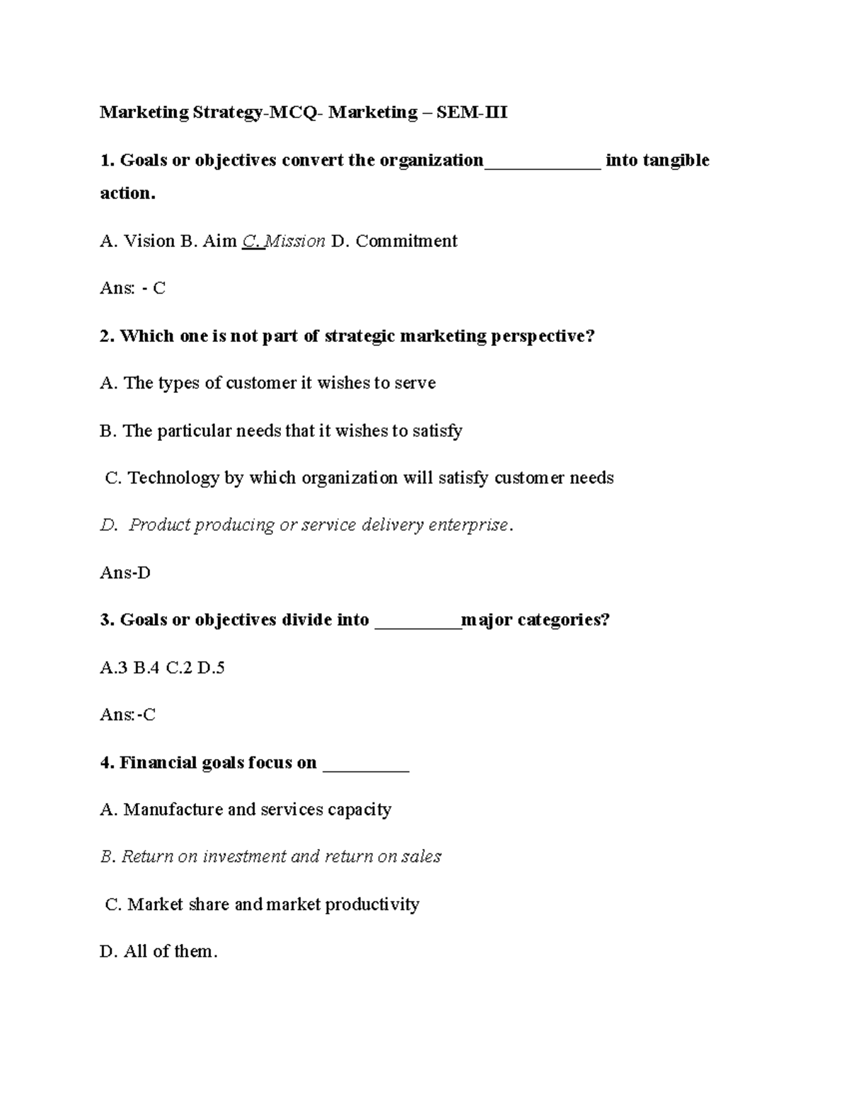 Mcq Marketing Strategy Marketing Strategy Mcq Marketing Sem Iii Goals Or Objectives Convert