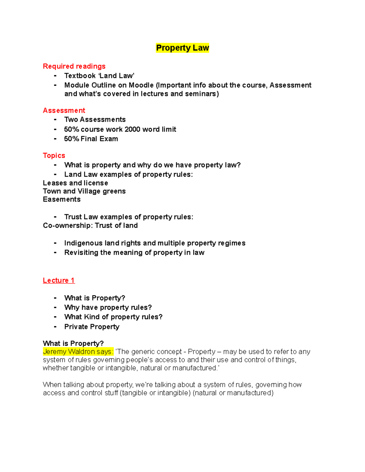Property Law notes - Property Law Required readings - Textbook ‘Land ...