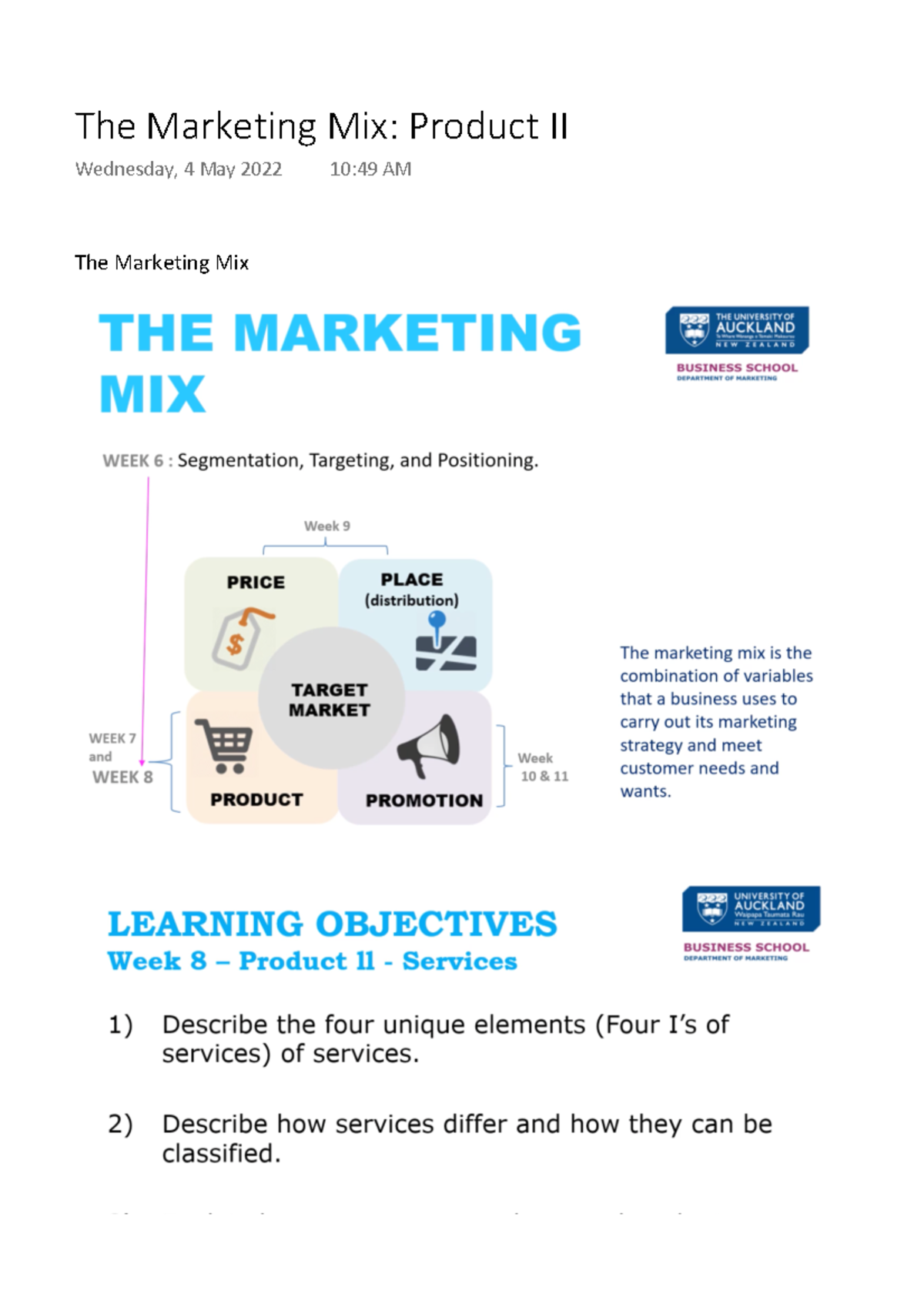 The Marketing Mix Product II - Week 9 PRICE PLACE (distribution) S The ...