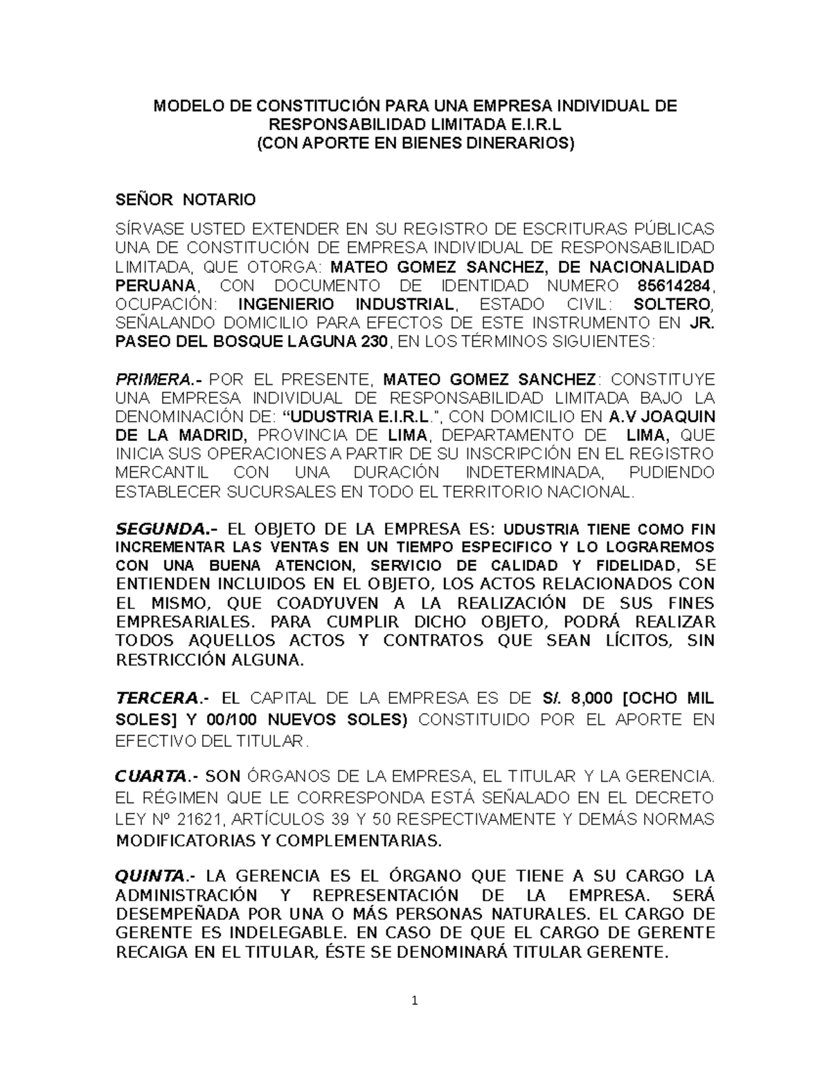 Minuta EIRL - MODELO DE CONSTITUCIÓN PARA UNA EMPRESA INDIVIDUAL DE RESPONSABILIDAD LIMITADA E.I ...