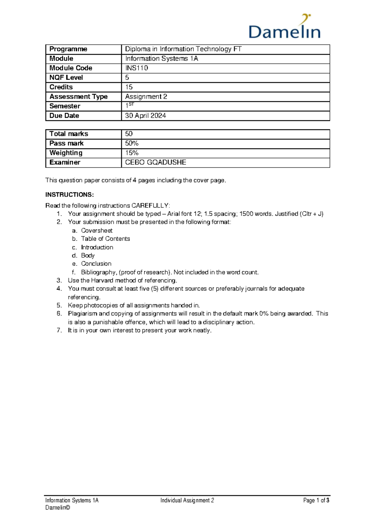 24 HE DP IT INS110 IA2 - assignments - Information Systems 1A Damelin ...