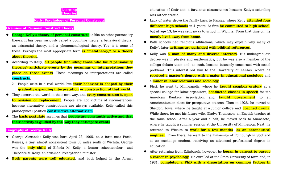 Kelly - Summary Theories of Personality - Learning Theories Kelly ...