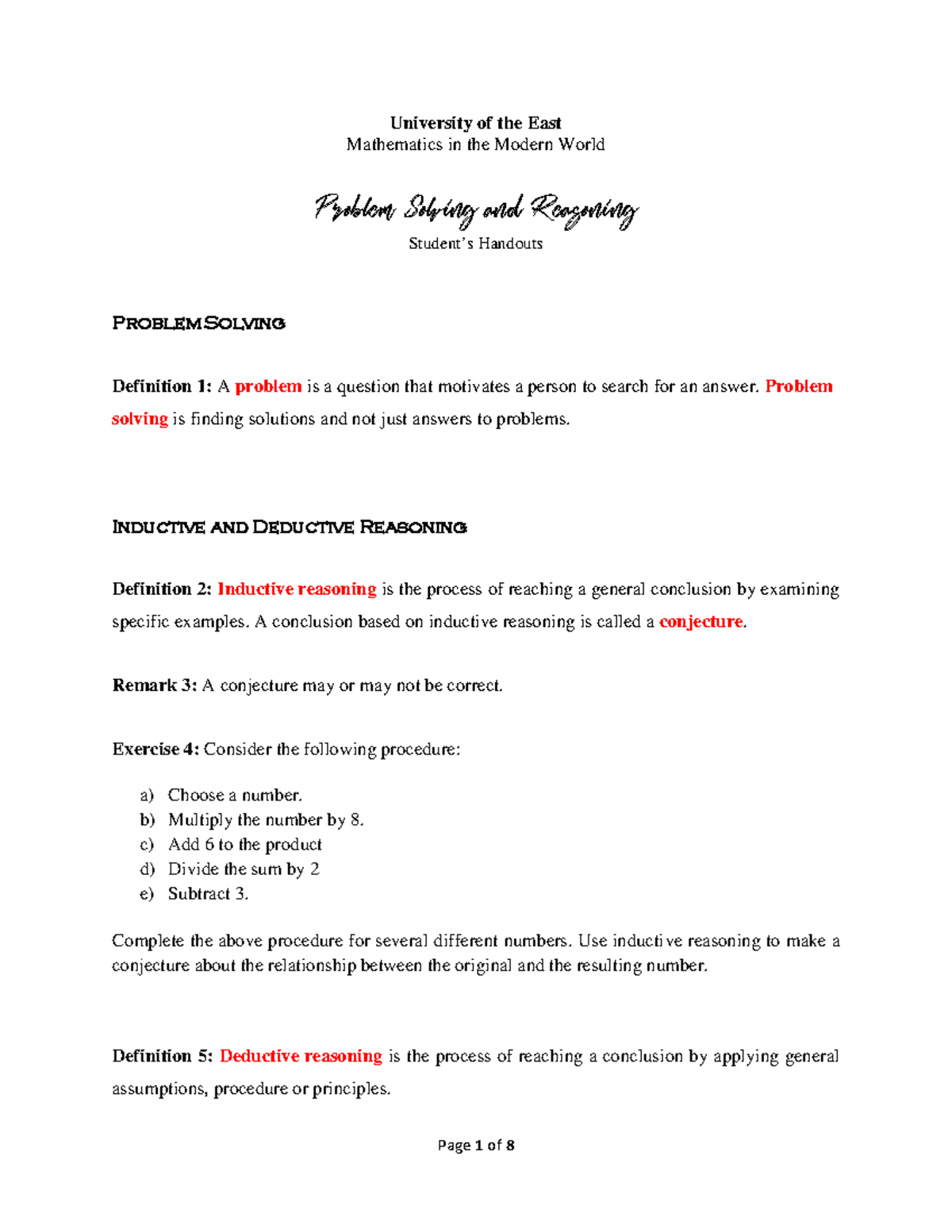 [Student's Handouts] Problem Solving and Reasoning - University of the ...