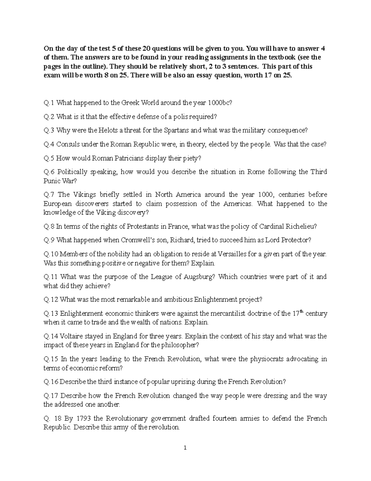Western Civilization, Test 1 2017, Questions - On the day of the test 5 ...