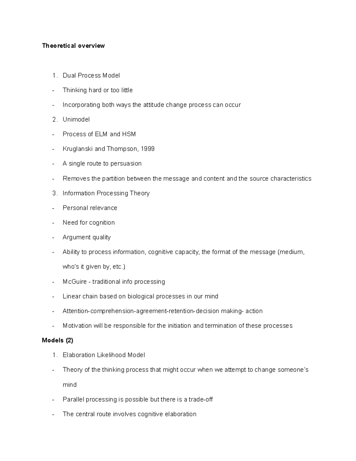 Persuasion 2 - notes - Theoretical overview Dual Process Model Thinking ...