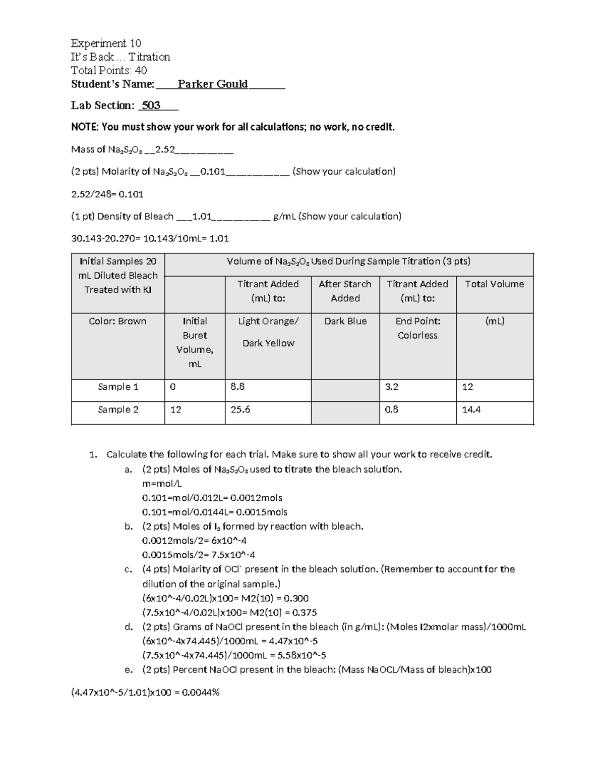 Chem 110 Titration its back - Experiment 10 It’s Back... Titration ...