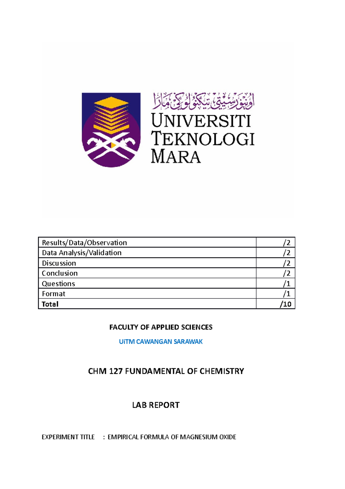 Lab Report Chemistry Uitm at John Triche blog